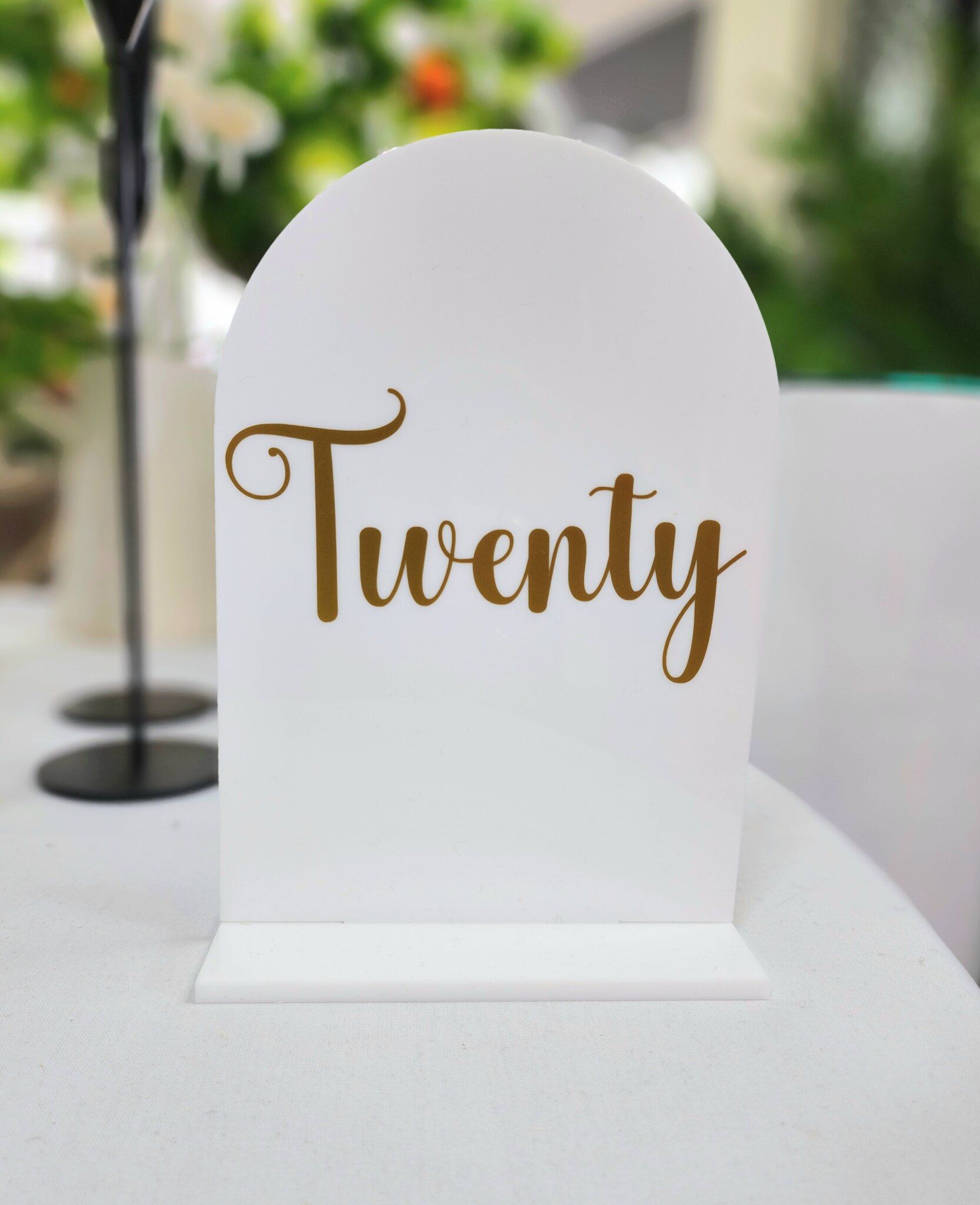White Arch Acrylic Table Number | Covers Decoration Hire